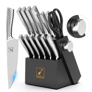 imarku knife set, 14pcs knife sets for kitchen with block, one-piece kitchen knife set with built-in sharpener, stainless steel chef knife set with lightning stripes handle, dishwasher safe(black)