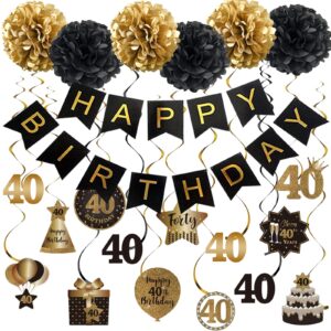 brt bearingshui happy 40th birthday hanging swirls streamers decoration set, happy birthday banner with tissue pompoms, black and gold 40 years old birthday party hanging backdrop decorations