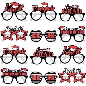 katchon, red 2024 glasses graduation - glitter, pack of 12 | graduation photo booth props 2024 for graduation decorations class of 2024 | graduation eyeglasses, red graduation party decorations 2024