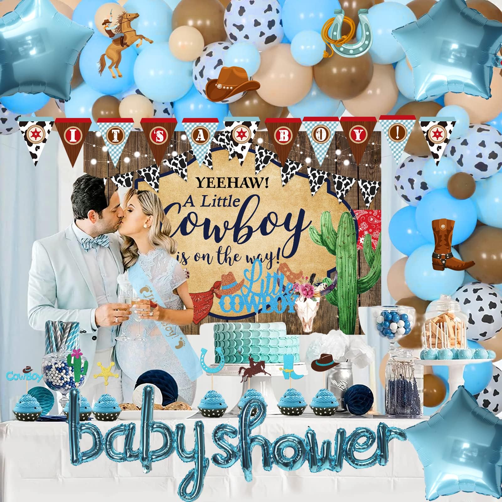 123 PCs Cowboy Baby Shower Decorations for Boy, Fiesec Western Rodeo Wild West Baby Shower Decorations A Little Cowboy Is On The Way Backdrop Balloon Garland Arch Banner Cake Cupcake Topper Sash