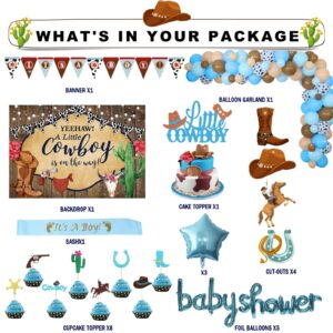 123 PCs Cowboy Baby Shower Decorations for Boy, Fiesec Western Rodeo Wild West Baby Shower Decorations A Little Cowboy Is On The Way Backdrop Balloon Garland Arch Banner Cake Cupcake Topper Sash