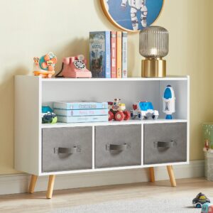 gtolv toy storage organizer, kids bookshelf with collapsible fabric drawers and pine legs, perfect for organizing toys and books in playroom, nursery or children's room