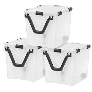 iris usa 106 quart weatherpro wheeled plastic storage bin tote organizing container with durable lid and seal and secure latching buckles, clear/black, 3 pack