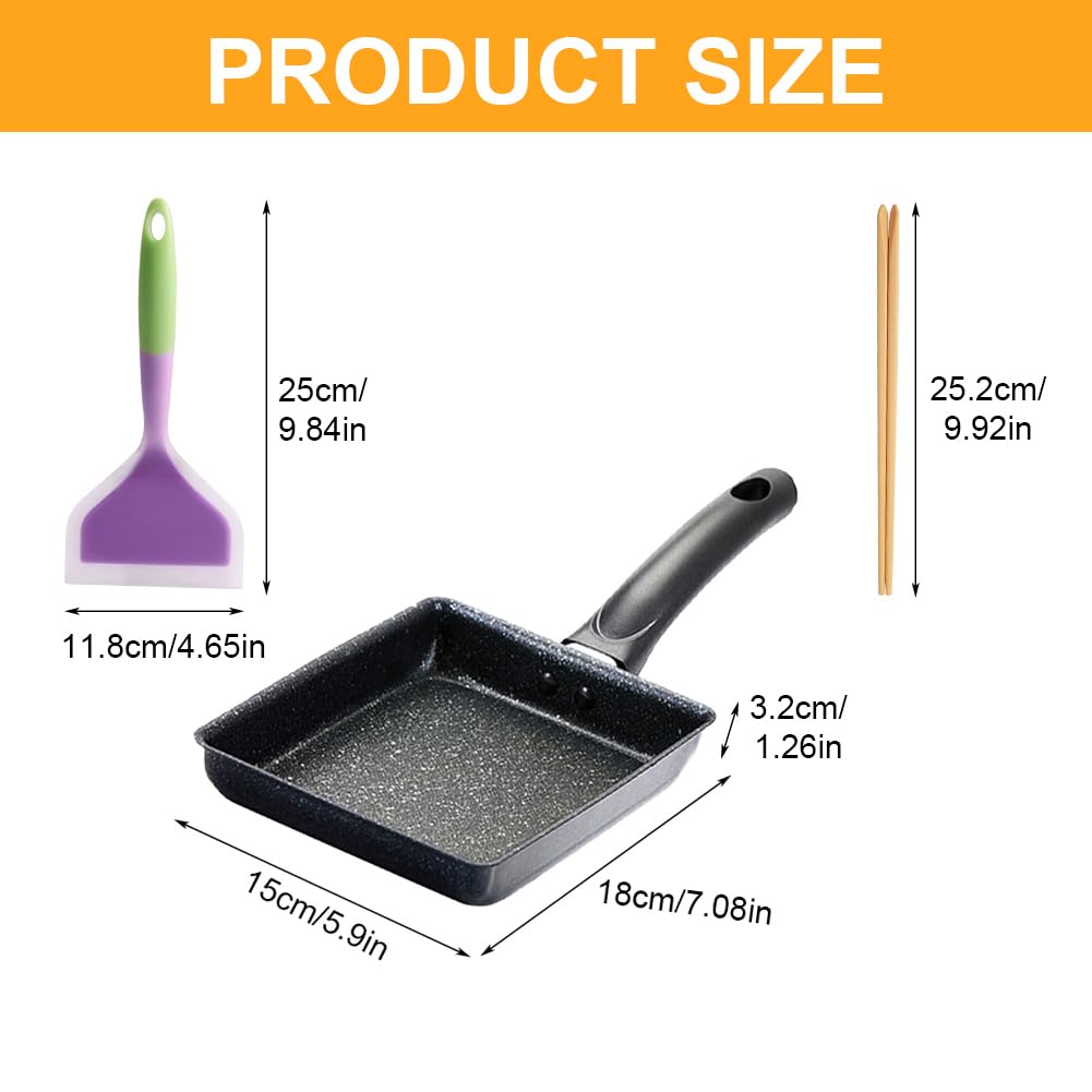 LOQJSS Tamagoyaki Pan Non Stick Japanese Omelette Pan,Cast Iron Rectangle Tamago Pan Small Frying Pan, Tamagoyaki Eggs Pan - Omelette Pan - with Silicone Brush, Chopsticks & Spetula