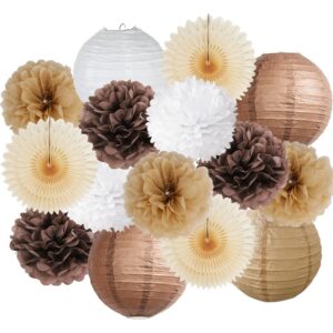 cream tan brown party decorations rustic paper fans lanterns pom poms boho brown and beige neutral party decorations for brown birthday decorations baby shower bridal shower engagement wedding