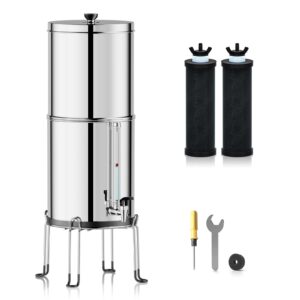 purewell 3-stage 0.01μm ultra-filtration gravity water filter system, 304 stainless steel countertop system with 2 filters, metal water level spigot and stand, reduce 99% chlorine, 2.25g, pw-ob-k