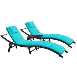 rankok outdoor lounge chairs set 3 pieces adjustable chaise lounge with folding table and cushion for garden, poolside, beach (blue)