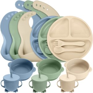 18 pcs silicone baby feeding set infant dinnerware adjustable silicone toddler bibs baby plates and bowls set suction bowls divided plates spoons fork cups utensils (gray blue, navy green, beige)