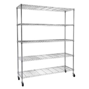 Metal Shelf 5 Tiers Storage Shelves Wire Shelving Unit with Wheels Adjustable Heavy Duty Storage Rack for Closet Home Office Restaurant Pantry Kitchen Bathroom Garage Warehouse 59" L x 18" W x 71" H