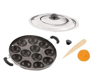 non stick aluminium appam pan 12 pits with steel lid, two side handel appam maker with steel lid, paniyaram pan, black and silver