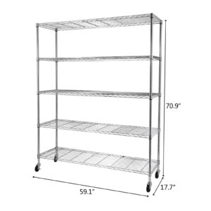 Metal Shelf 5 Tiers Storage Shelves Wire Shelving Unit with Wheels Adjustable Heavy Duty Storage Rack for Closet Home Office Restaurant Pantry Kitchen Bathroom Garage Warehouse 59" L x 18" W x 71" H