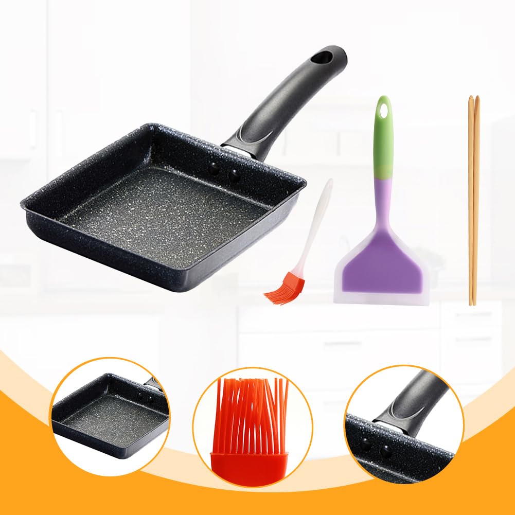 LOQJSS Tamagoyaki Pan Non Stick Japanese Omelette Pan,Cast Iron Rectangle Tamago Pan Small Frying Pan, Tamagoyaki Eggs Pan - Omelette Pan - with Silicone Brush, Chopsticks & Spetula