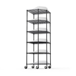 6 tier nsf metal shelf pentagonal corner wire shelving unit, 82"h x 27"l x 27"d - black, 2100lbs capacity heavy duty adjustable storage rack with wheels & shelf liners for kitchen garage room corner