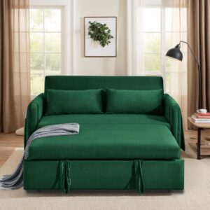 mofolit convertible loveseat modern sleeper sofa bed, 3-in-1 adjustable sleeper sofa couch w/pull-out bed, pillows & side pocket & velvet for living room,apartment,small space 55.5“ (green)