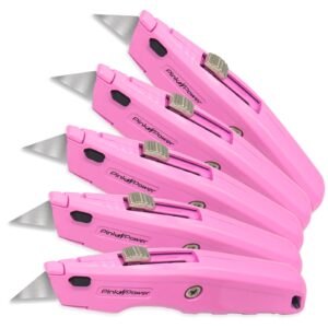 pink power pink box cutter retractable, pink utility knife for carpet, box cutter knife heavy duty with 3 blades and storage compartment - box opener pocket utility pink knife tools for women - 5 pack