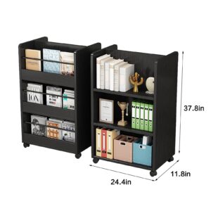 3-Tier Bookshelf, Book Storage Organization with Wheels Mobile Rolling Bookshelves Cart for Home Office Kids’ Study Room School, Double Sided Open Bookshelf with Wheel, Black