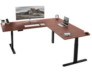 vivo electric height adjustable 77 x 71 inch corner stand up desk, 2 dark walnut 30 inch deep table tops, black frame, memory controller, l-shaped workstation, 3e series, desk-kit-3e7bd