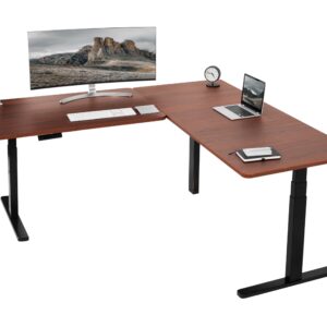 VIVO Electric Height Adjustable 77 x 71 inch Corner Stand Up Desk, 2 Dark Walnut 30 inch Deep Table Tops, Black Frame, Memory Controller, L-Shaped Workstation, 3E Series, DESK-KIT-3E7BD