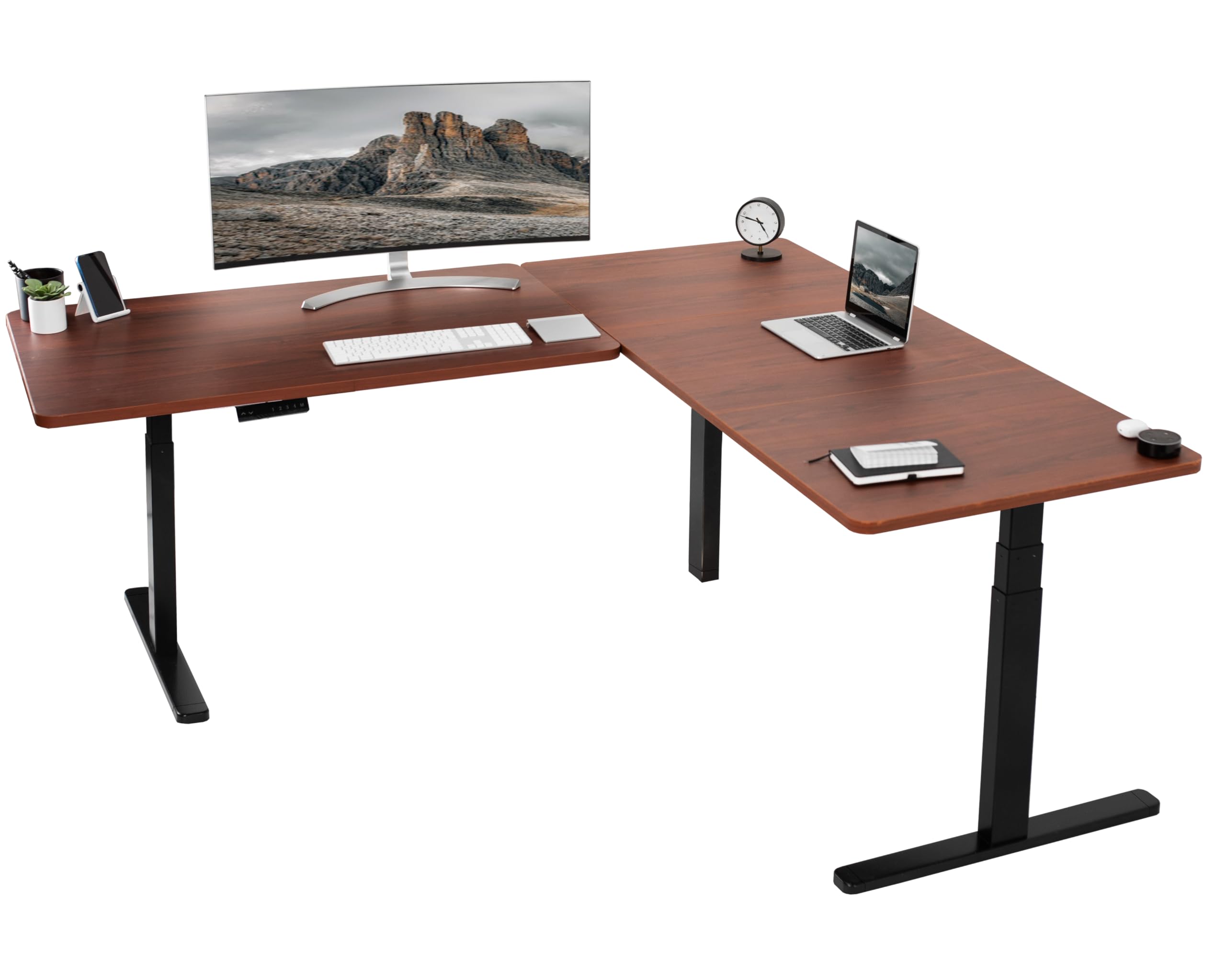 VIVO Electric Height Adjustable 77 x 71 inch Corner Stand Up Desk, 2 Dark Walnut 30 inch Deep Table Tops, Black Frame, Memory Controller, L-Shaped Workstation, 3E Series, DESK-KIT-3E7BD