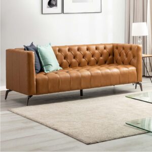 hulala home 85" w genuine leather sofa couch with metal legs, button-tufted 3-seater sofa with square arms, mid century modern upholstered couch for living room, bedroom, apartment, camel