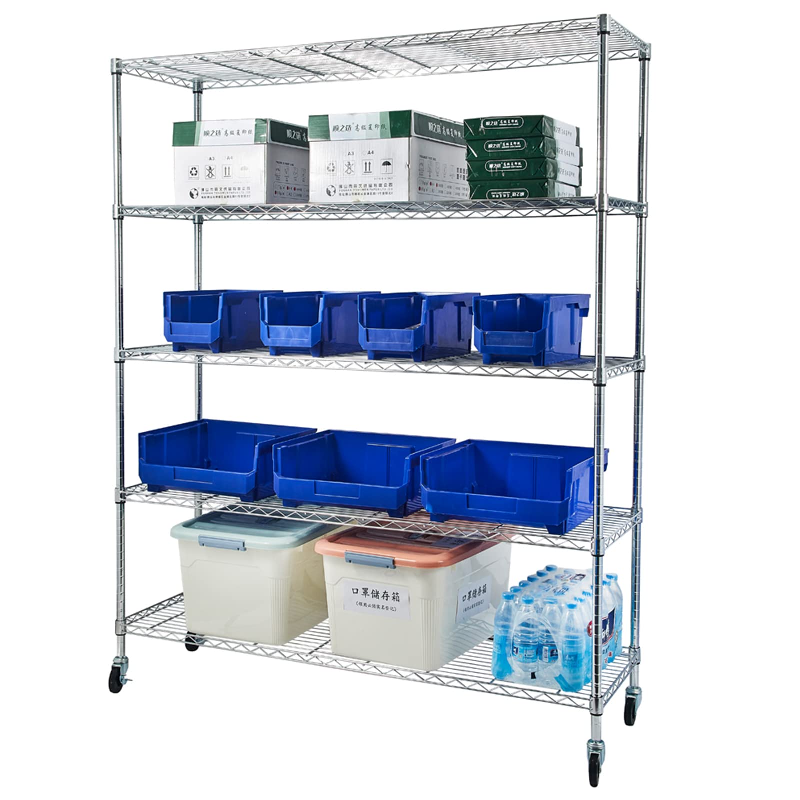 Metal Shelf 5 Tiers Storage Shelves Wire Shelving Unit with Wheels Adjustable Heavy Duty Storage Rack for Closet Home Office Restaurant Pantry Kitchen Bathroom Garage Warehouse 59" L x 18" W x 71" H