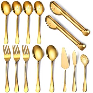 keyoxy gold serving utensils,14 pcs stainless steel serving utensil with serving spoon,slotted spoons,forks,serving tongs,pie server,butter knife,sugar spoon serving utensils set for parties,buffet