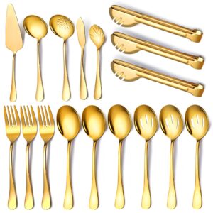 keyoxy gold serving utensils,17 pcs stainless steel serving utensil with serving spoon,slotted spoons,forks,soup ladle,serving tongs,pie server,butter knife serving utensils set for parties,buffet