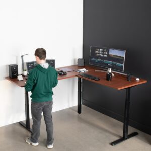 VIVO Electric Height Adjustable 77 x 71 inch Corner Stand Up Desk, 2 Dark Walnut 30 inch Deep Table Tops, Black Frame, Memory Controller, L-Shaped Workstation, 3E Series, DESK-KIT-3E7BD