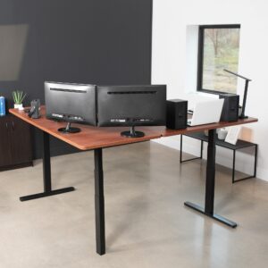 VIVO Electric Height Adjustable 77 x 71 inch Corner Stand Up Desk, 2 Dark Walnut 30 inch Deep Table Tops, Black Frame, Memory Controller, L-Shaped Workstation, 3E Series, DESK-KIT-3E7BD