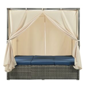 Merax Outdoor Patio Wicker Sun Bed with Canopy, Overhead Curtains, Cushions, Lounge Charis with Adjustable Seats, Blue