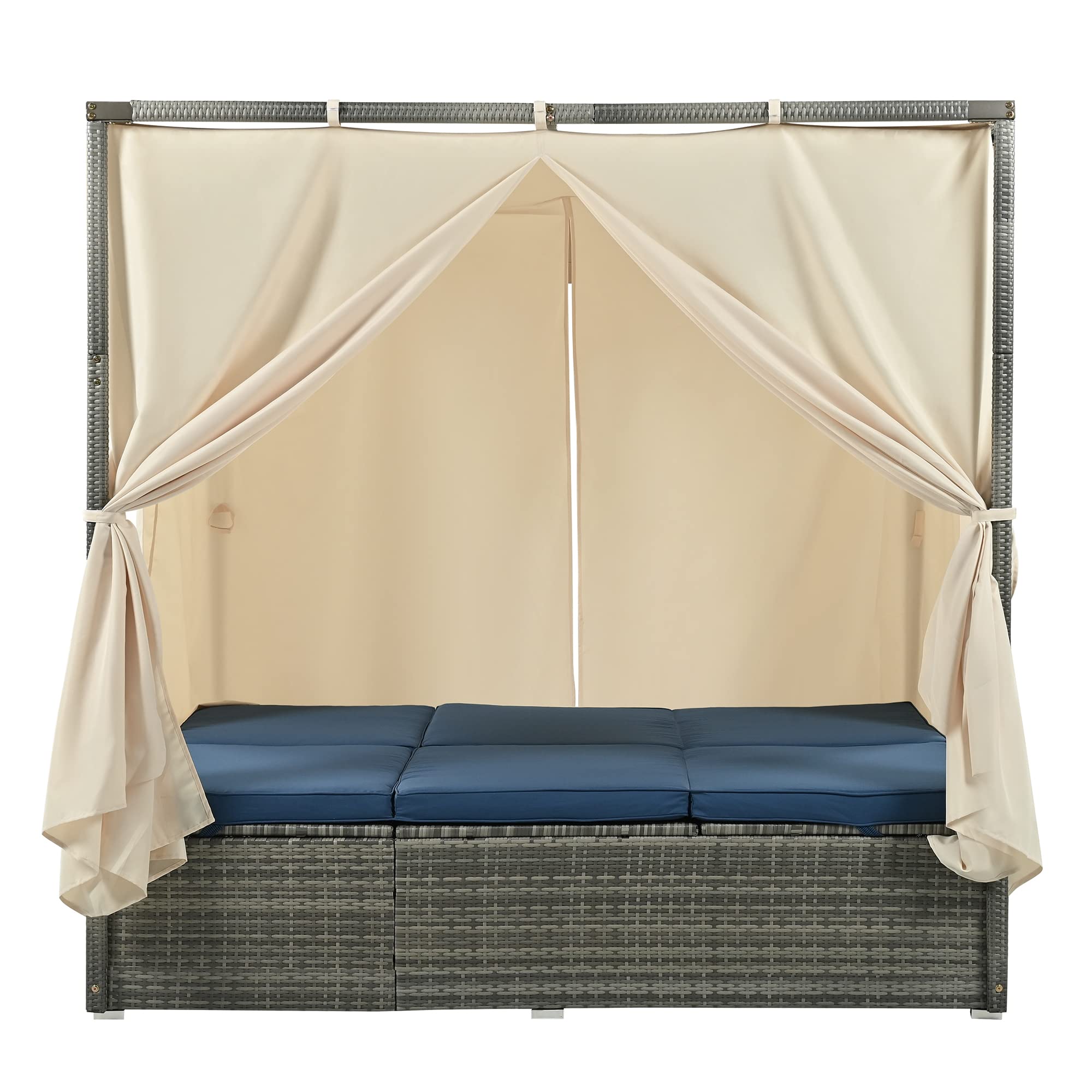 Merax Outdoor Patio Wicker Sun Bed with Canopy, Overhead Curtains, Cushions, Lounge Charis with Adjustable Seats, Blue