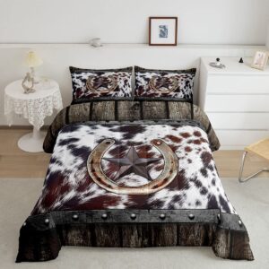 brown cowhide bedding set for men queen,rustic farmhouse horseshoe comforter for kids adults western texas star comforter set retro grunge barn highland cow fur quilt duvet insert 2 pillow cases