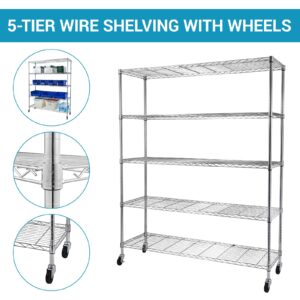 Metal Shelf 5 Tiers Storage Shelves Wire Shelving Unit with Wheels Adjustable Heavy Duty Storage Rack for Closet Home Office Restaurant Pantry Kitchen Bathroom Garage Warehouse 59" L x 18" W x 71" H