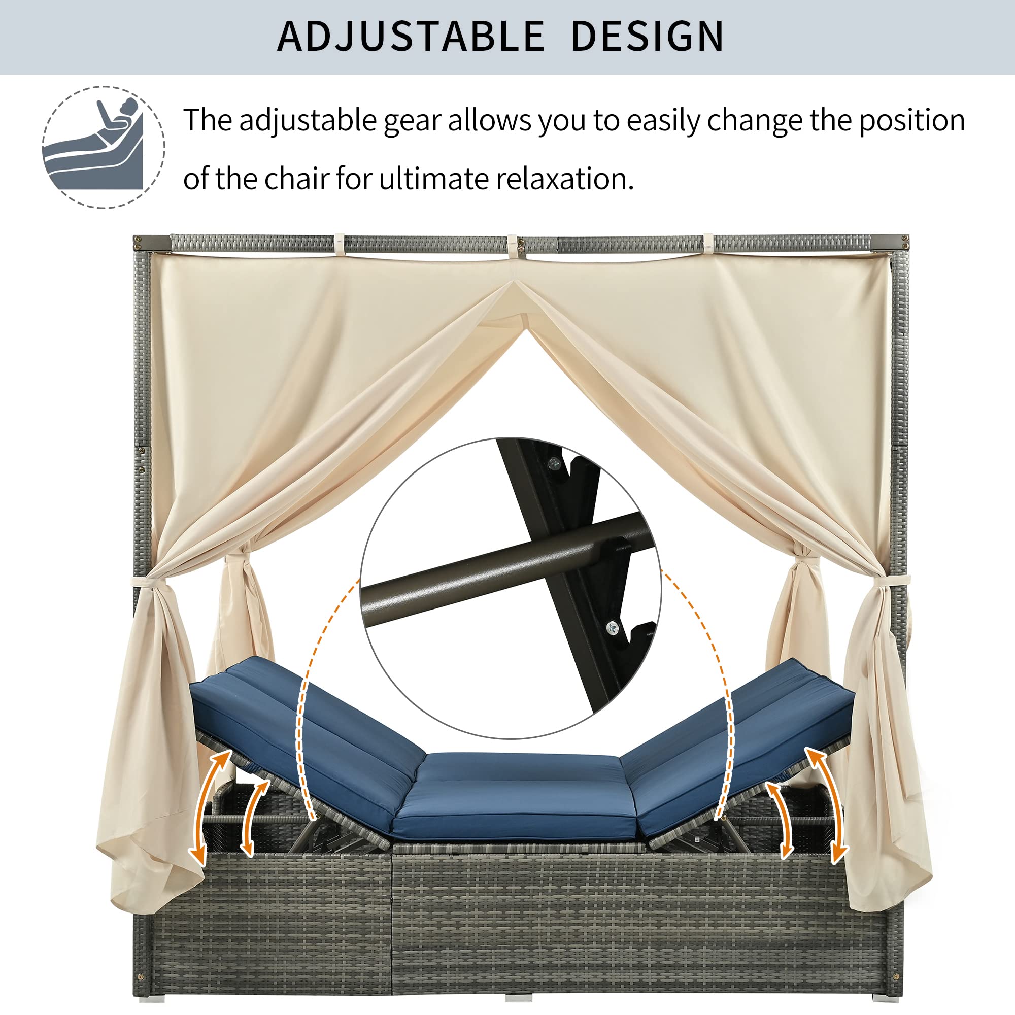 Merax Outdoor Patio Wicker Sun Bed with Canopy, Overhead Curtains, Cushions, Lounge Charis with Adjustable Seats, Blue