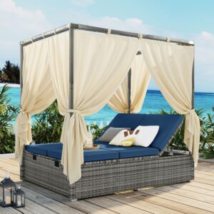 merax outdoor patio wicker sun bed with canopy, overhead curtains, cushions, lounge charis with adjustable seats, blue