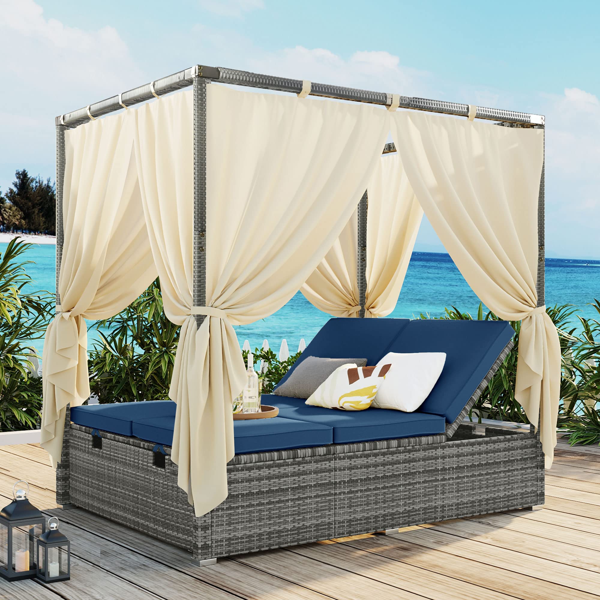 Merax Outdoor Patio Wicker Sun Bed with Canopy, Overhead Curtains, Cushions, Lounge Charis with Adjustable Seats, Blue