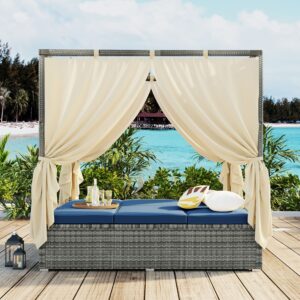 Merax Outdoor Patio Wicker Sun Bed with Canopy, Overhead Curtains, Cushions, Lounge Charis with Adjustable Seats, Blue