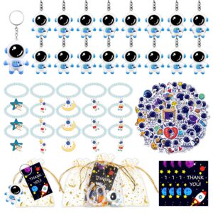 skycooool astronaut space party favors, space themed party supplies with 15 keychains 15 charm bracelets 15 thank you tags 15 organza bags and 50 stickers for birthday party baby shower (astronaut)