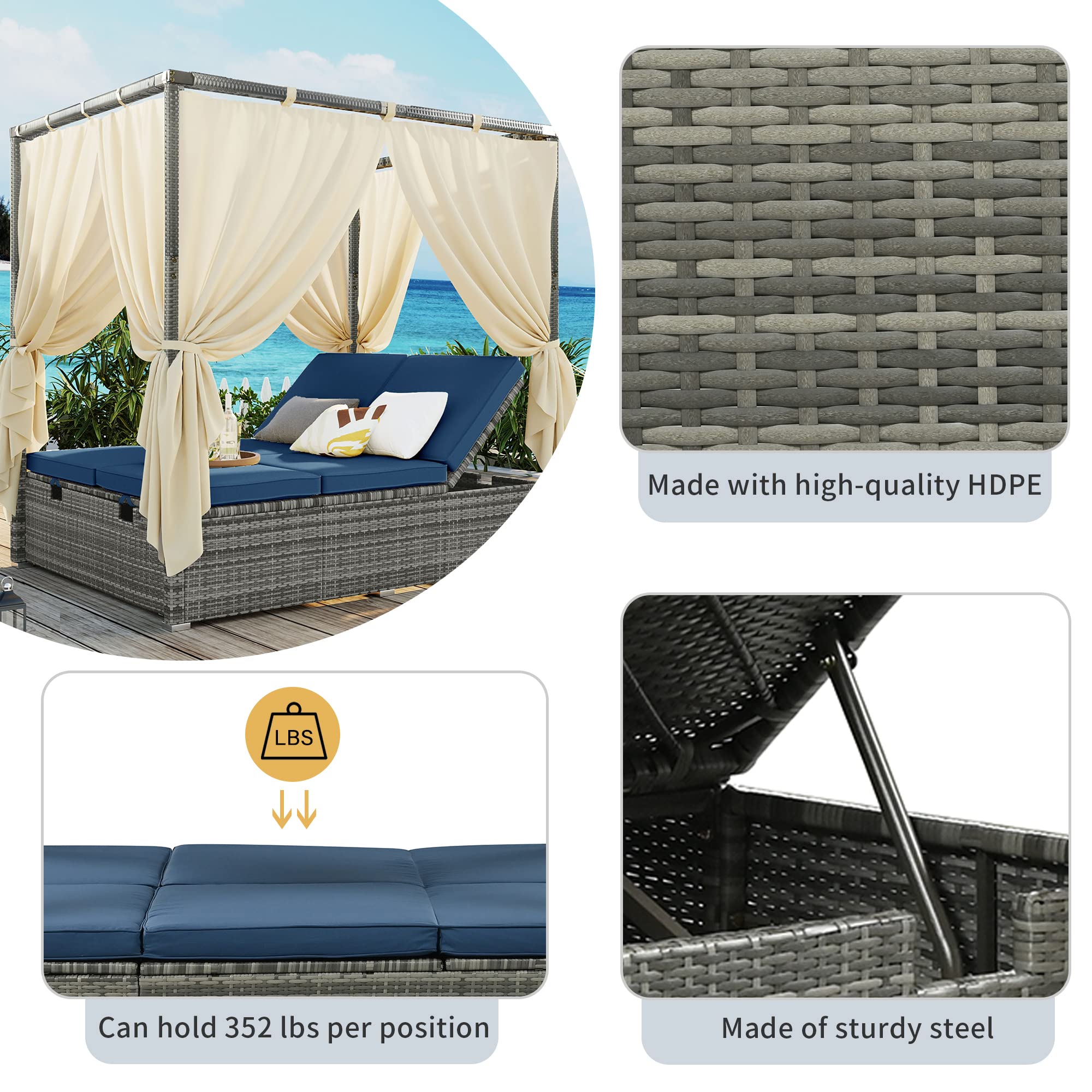 Merax Outdoor Patio Wicker Sun Bed with Canopy, Overhead Curtains, Cushions, Lounge Charis with Adjustable Seats, Blue