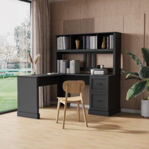 holaki l shaped desk,computer desk with drawers,bookshelf & hutch,modern corner desk,home office desk,l-shaped study table writing desk,corner gaming computer desk with storage(black)