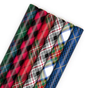 hallmark christmas wrapping paper rolls - black and red buffalo plaid, royal stewart tartan, blue, green (6 rolls: 180 sq. ft. ttl.) for holiday parties, hanukkah, winter weddings