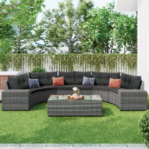 yswh 8-piece half moon outdoor sectional furniture cushioned sofa set, all-weather pe wicker patio curved conversation sets with rectangular coffee table and side tables