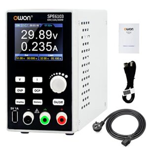 owon spe6103 programmable lab power supply (0-60v 0-10 a), 300w bench dc power supply with 2.8inch lcd display and output enable/disable button,single channel output with pc software and usb charging