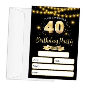 rlcnot 40th birthday invitations cards with envelopes set of 20 - classic black gold birthday party invitations for teens, adult, man, woman, party celebration, supplies/bday097