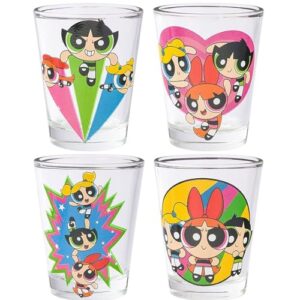 silver buffalo the powerpuff girls featuring blossom, bubbles, and buttercup 4 pack mini glass set, 1.5 ounces