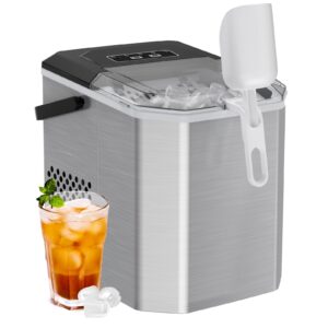 silonn stainless steel ice maker countertop, stainless steel portable ice machine with carry handle, self-cleaning ice makers with basket and scoop, 9 cubes in 6 mins, 26 lbs per day