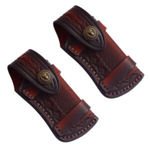 2pc hand made carved leather sheath for folding knife cover pouch belt clip