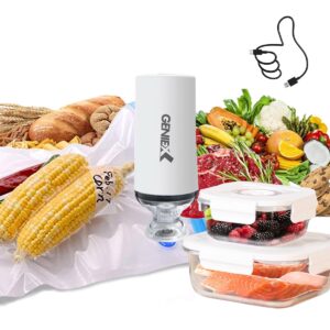 geniex cordless hand held vacuum sealer for food storage, rechargeable handheld vacuum sealer pump for food bags & containers with vacuum seal (bags and containers sold separately)