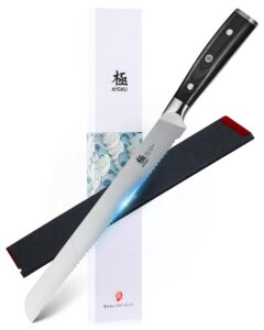 kyoku 10" serrated bread knife, samurai series serrated knife for homemade bread pastries with pakkawood handle, japanese high carbon steel cake knife, full tang bread cutting knife with sheath & case