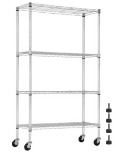 yykokocat 4 tier shelving unit 62" h adjustable metal shelves w/wheels heavy duty storage shelf 1400lb capacity garage shelving storage wire shelving for kitchen, 36" l x 14" d x 62" h, chrome